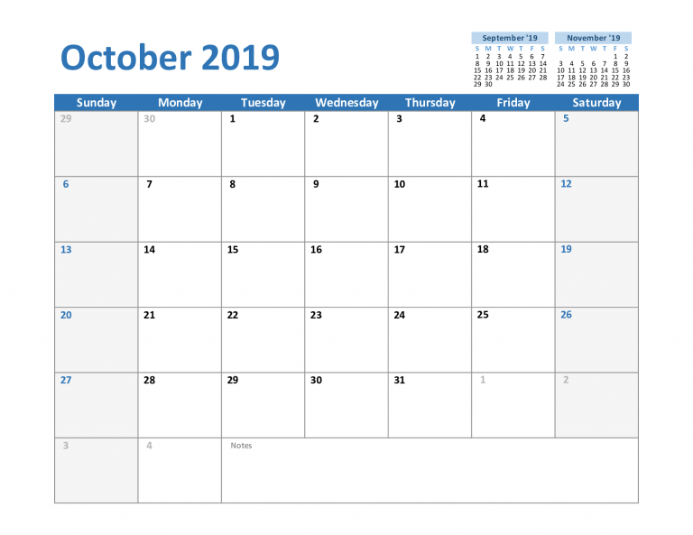 Free October 2019 Printable Calendar Template In PDF, Excel, Word ...