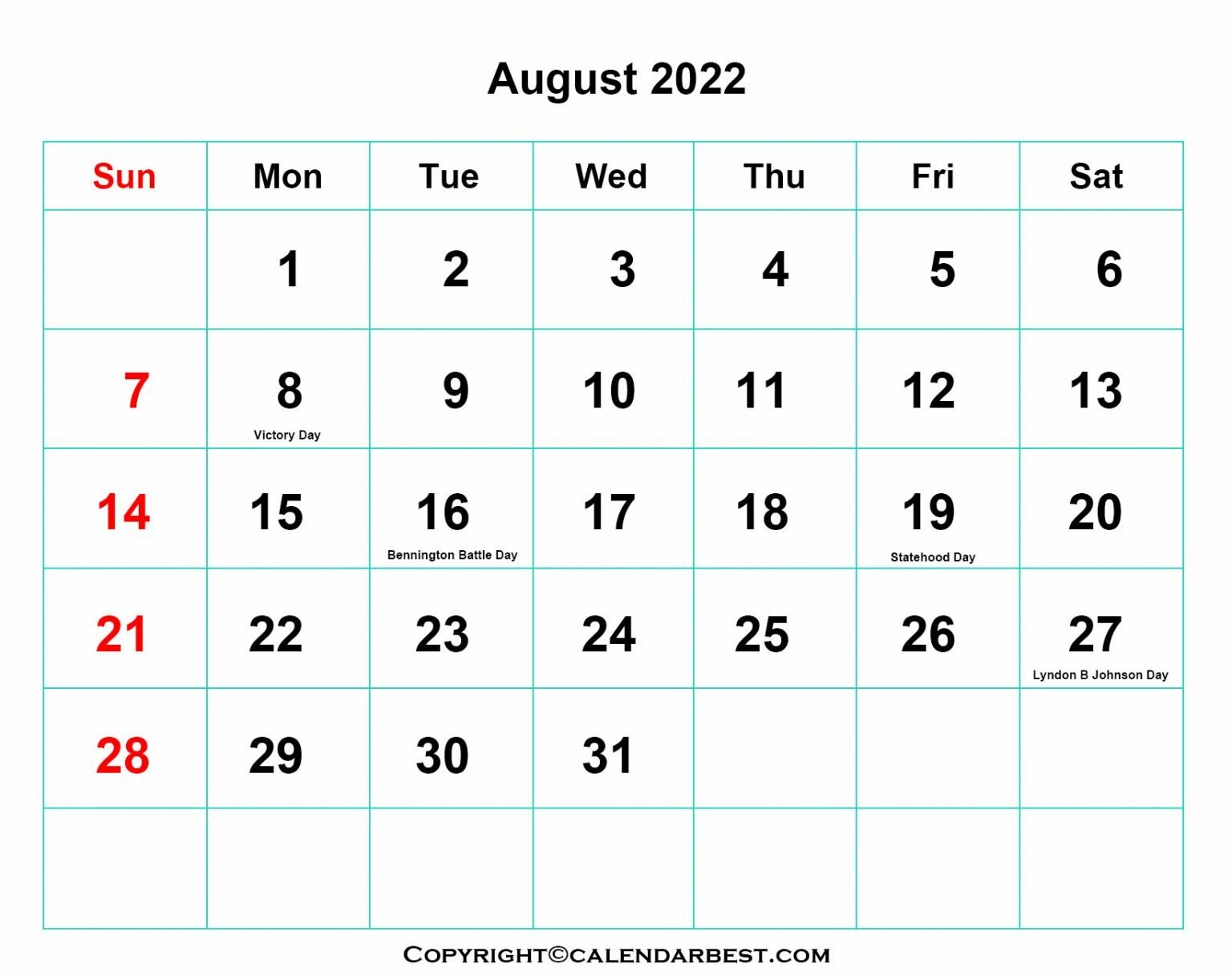 Free Printable August Calendar 2022 With Holidays