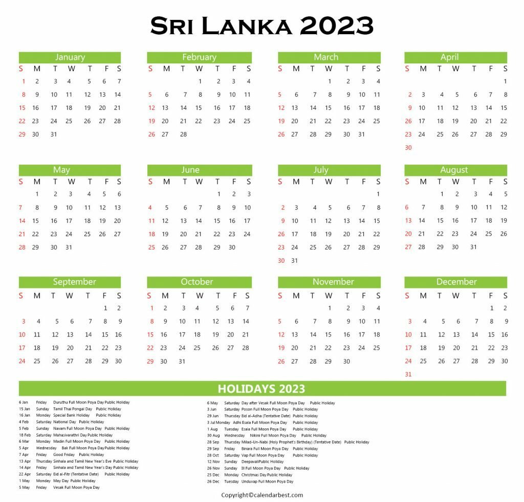 Sri Lanka Calendar 2023 With Holidays Download In PDF